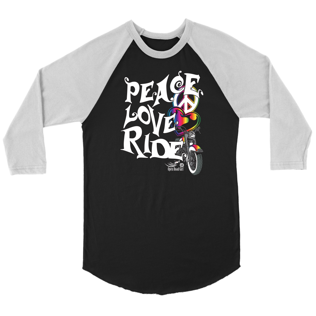 RAINBOW PEACE LOVE RIDE UNISEX 3/4 RAGLAN SHIRT